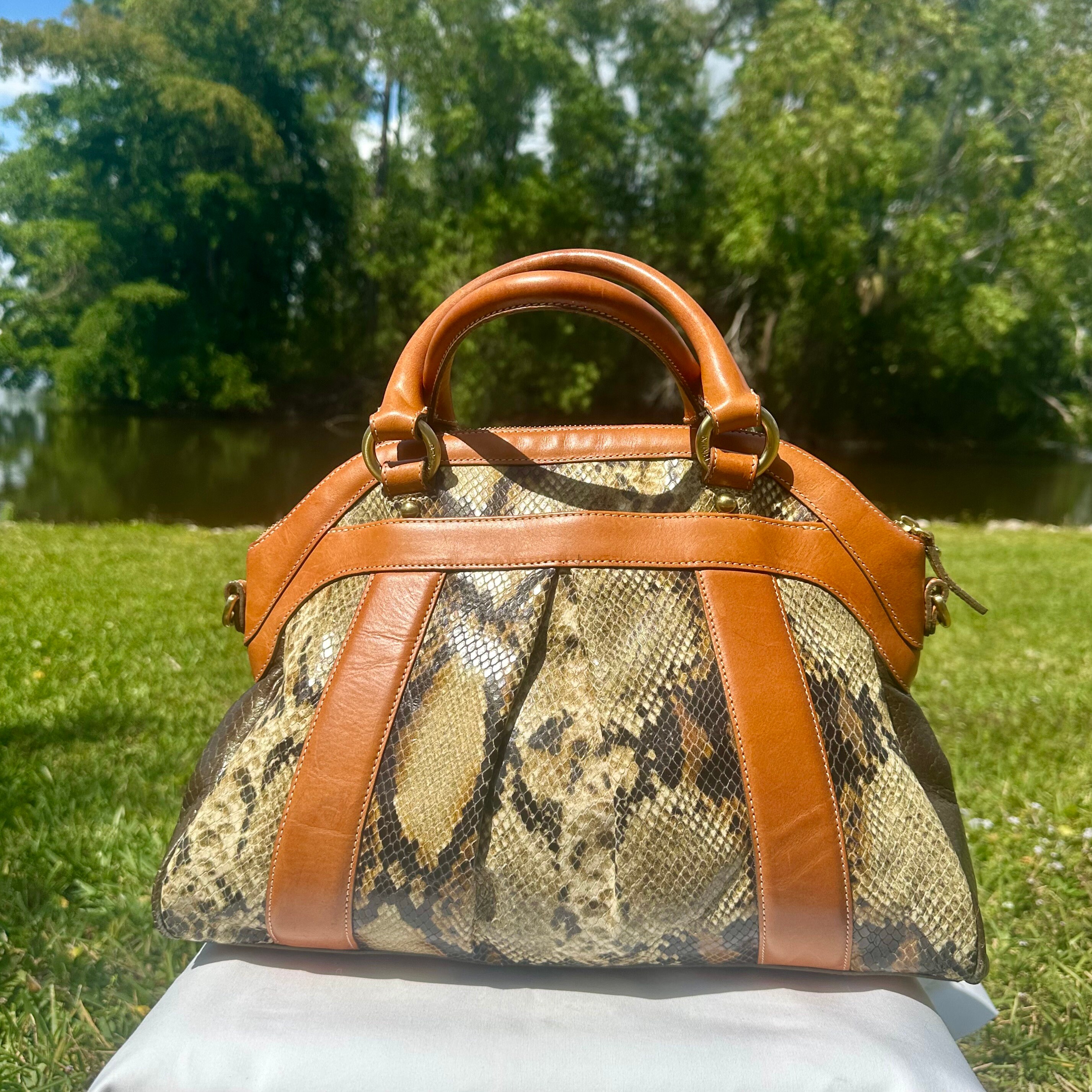 Brahmin Vintage Louise Rose Sable Anaconda Snake Handbag Leather Roses ...