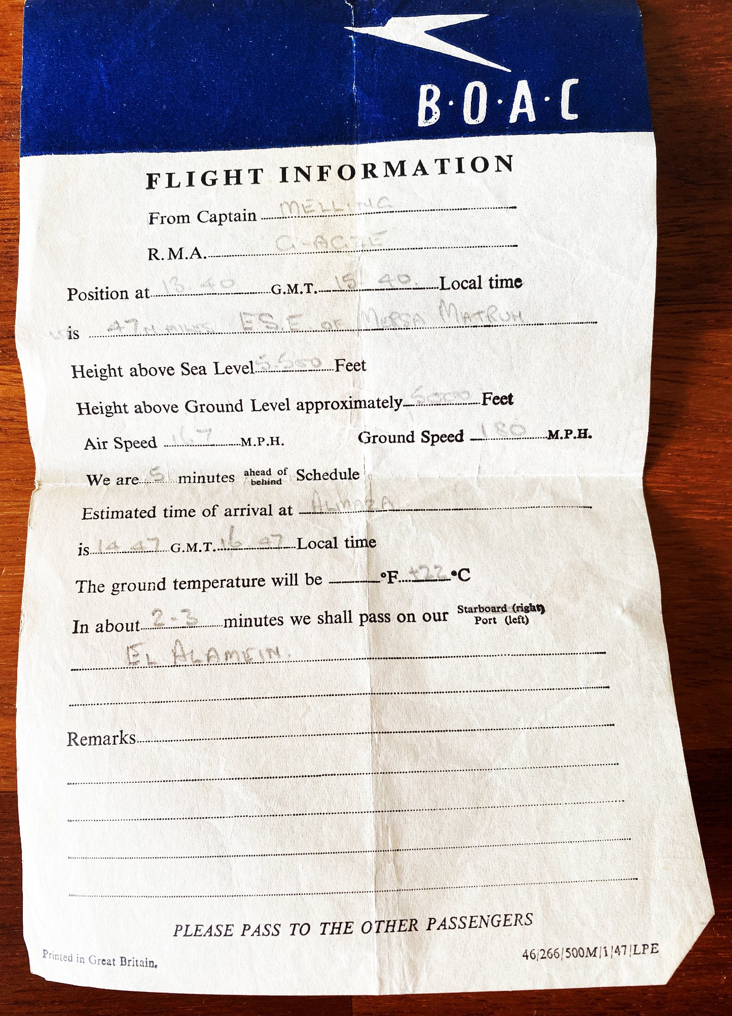 BOAC Flight Information Sheet circa 1940's Memorabilia Collectibles ...
