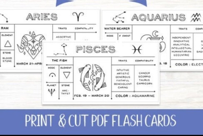 Zodiac Flash Cards Printable Traits Astrologers - Etsy