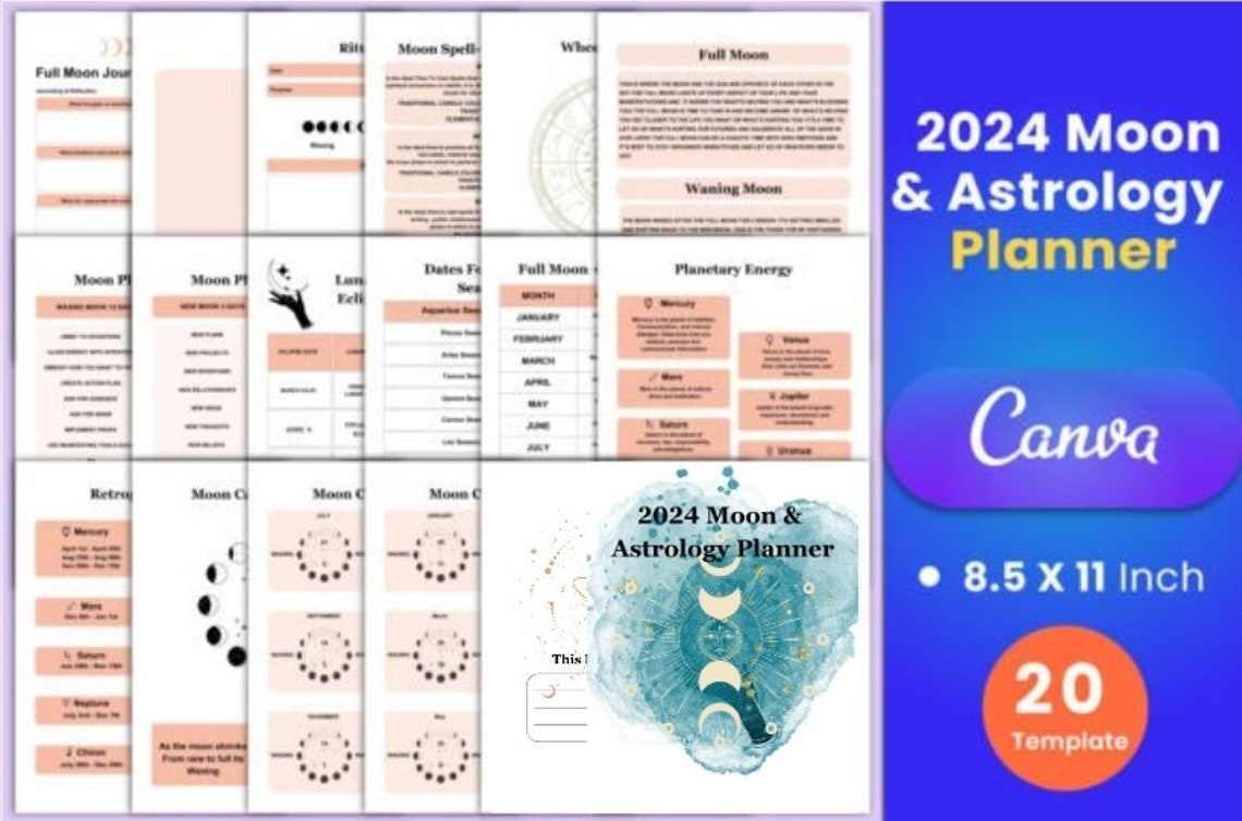Commercial Use Canva Astrology and Moon Journal, Planner 2024 Editable ...