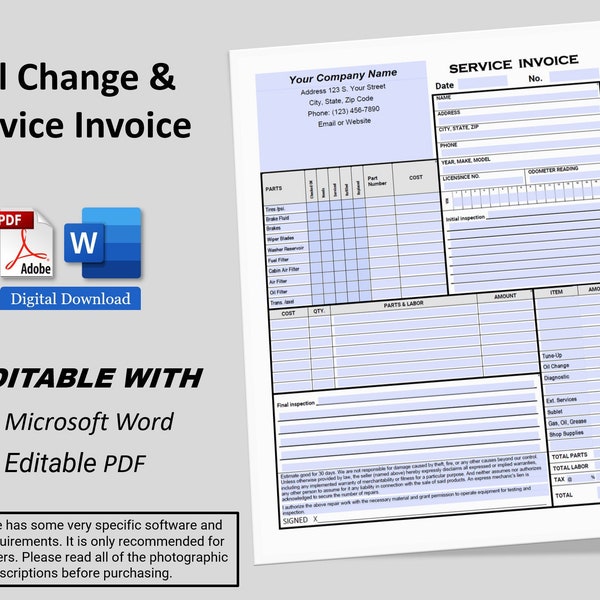 Oil Change Invoice Template - Etsy