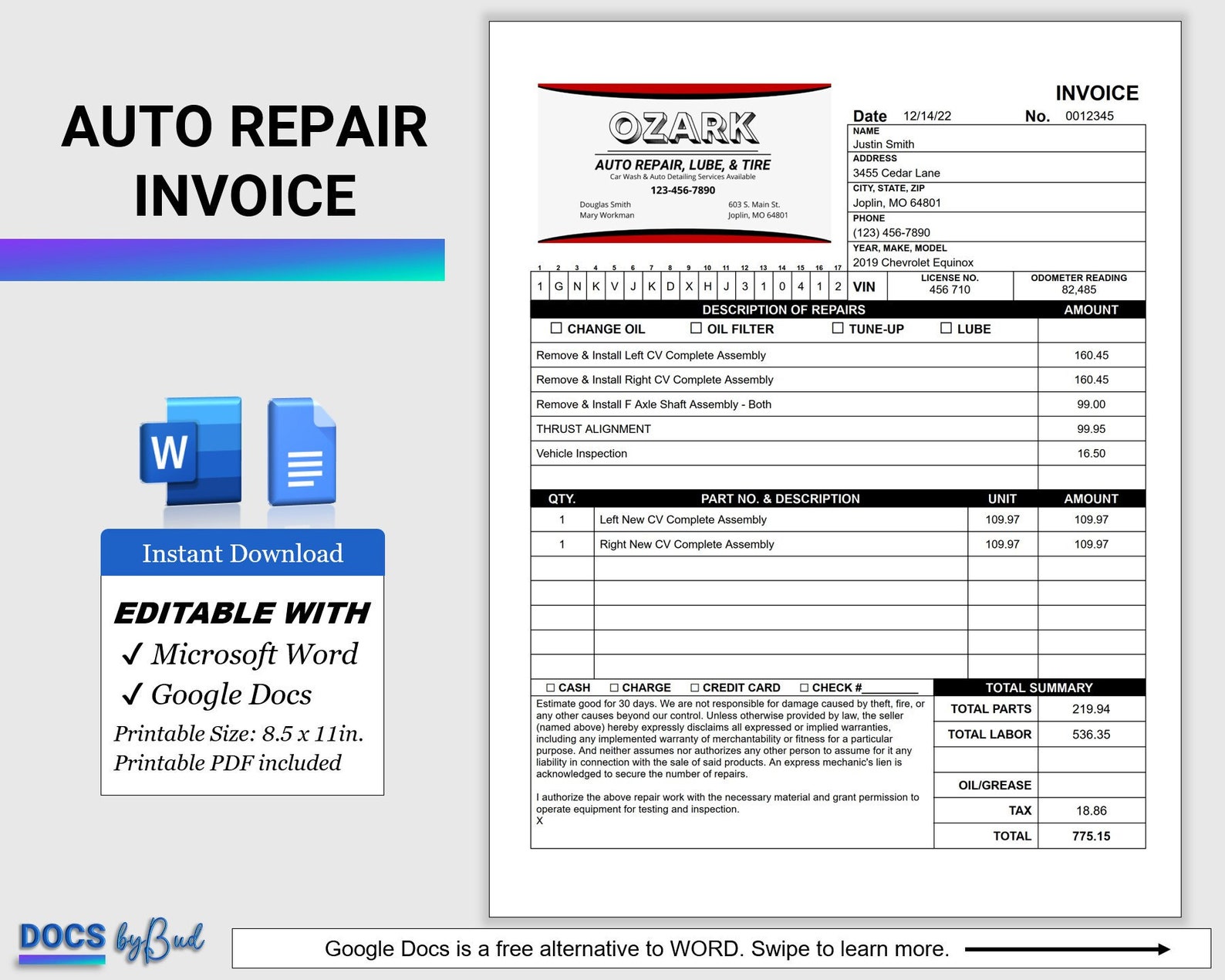 Auto Repair Invoice, Automotive Service Invoice Template, Auto Repair ...