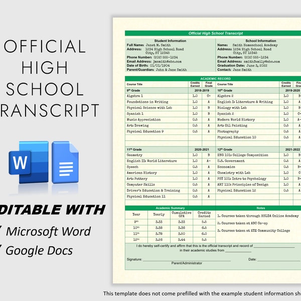 High School Transcript Printable - Etsy