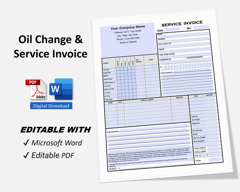 Oil Change Invoice Automotive Service Invoice Template Auto - Etsy