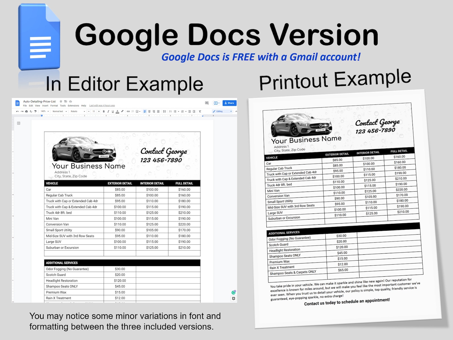 Auto Detailing Price List, Mobile Auto Detailing Price Menu, Pricing ...