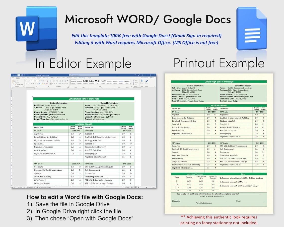 Authentic Look! Fillable Printable High School Transcript Template ...
