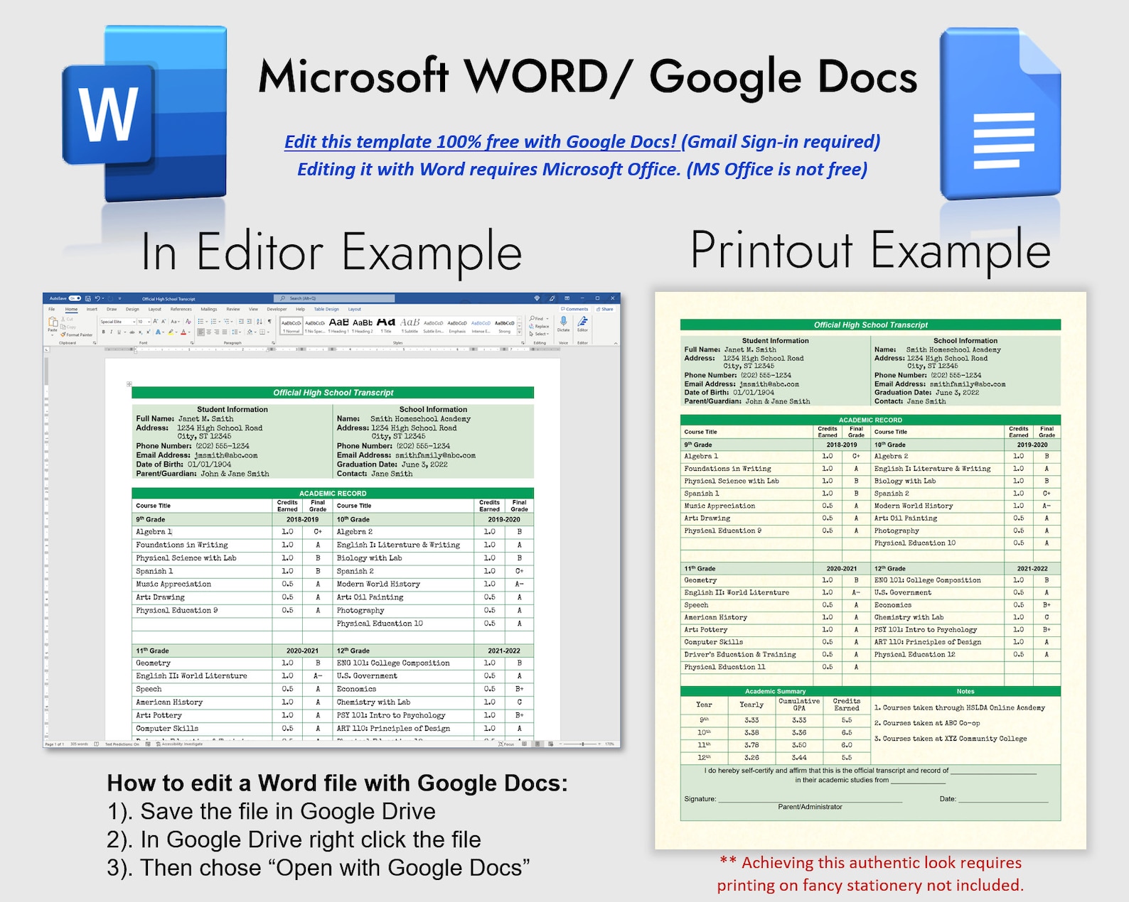 Authentic Look! Fillable Printable High School Transcript Template ...
