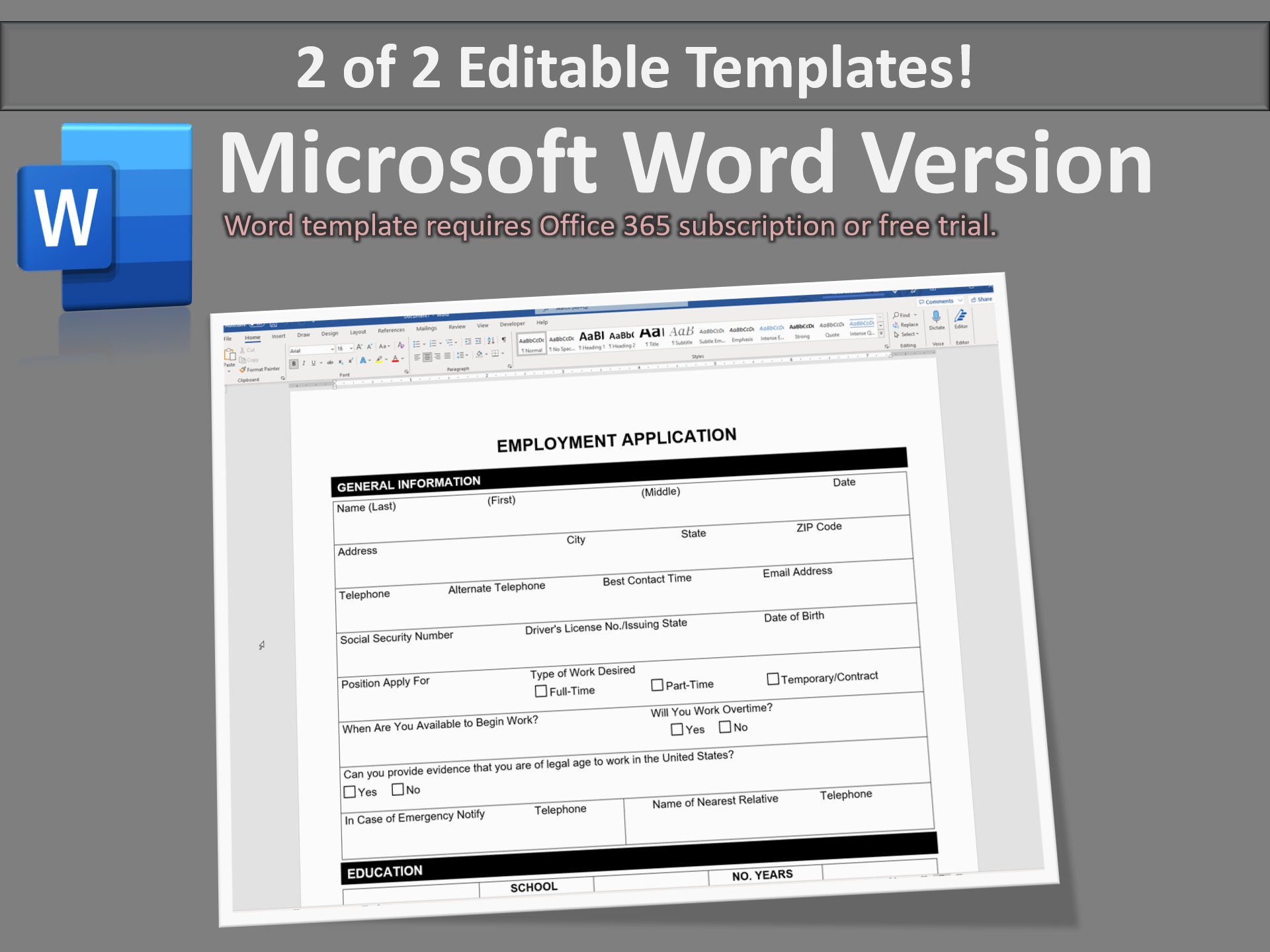 Employment Application Template Microsoft Word Application | Etsy