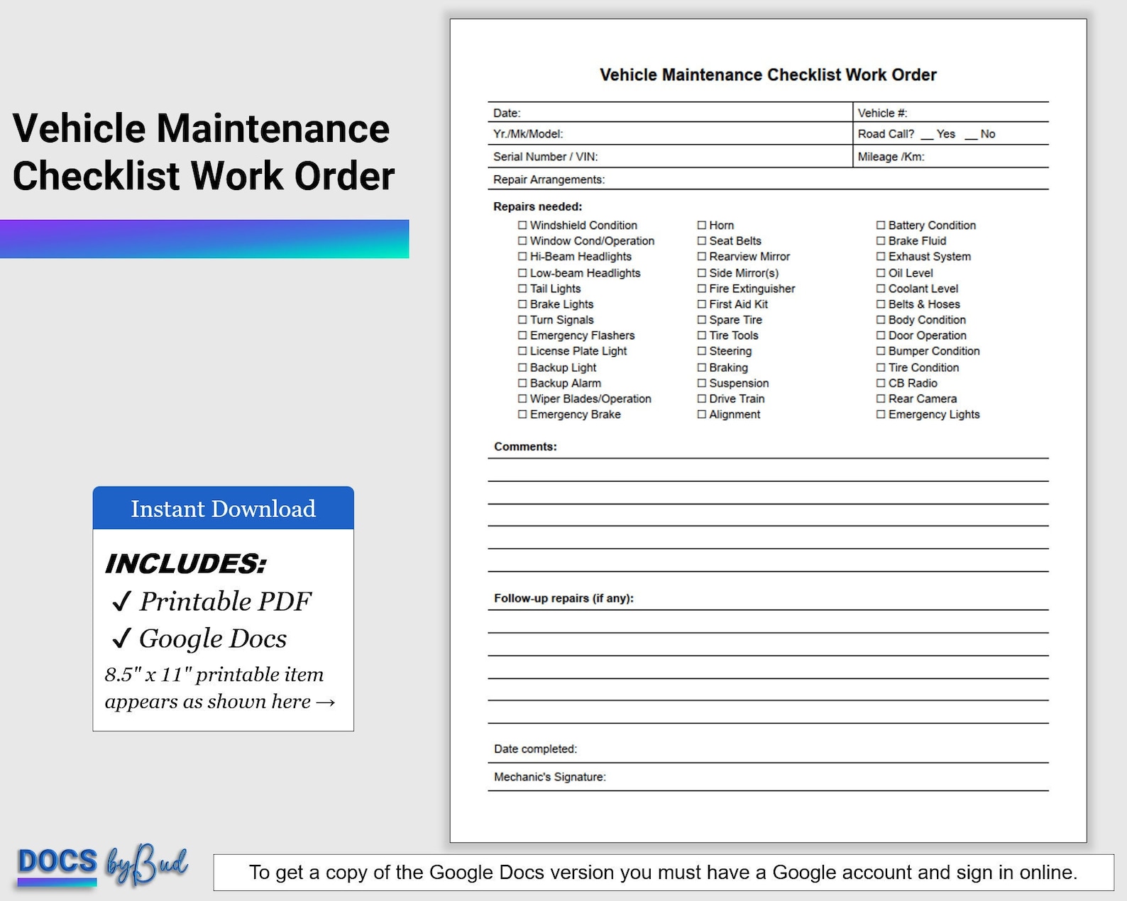 Vehicle Maintenance Checklist Work Order, Printable Vehicle Maintenance ...