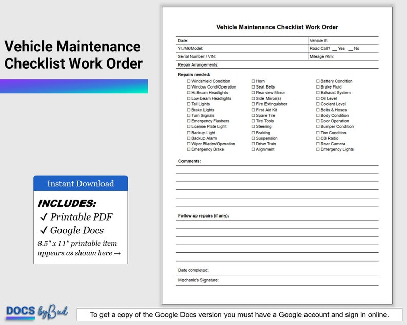 Vehicle Maintenance Checklist Work Order, Printable Vehicle Maintenance ...