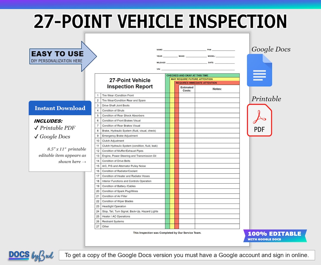 27 Point Vehicle Inspection Report, Auto Mechanics Multi-point Vehicle Inspection Checklist ...