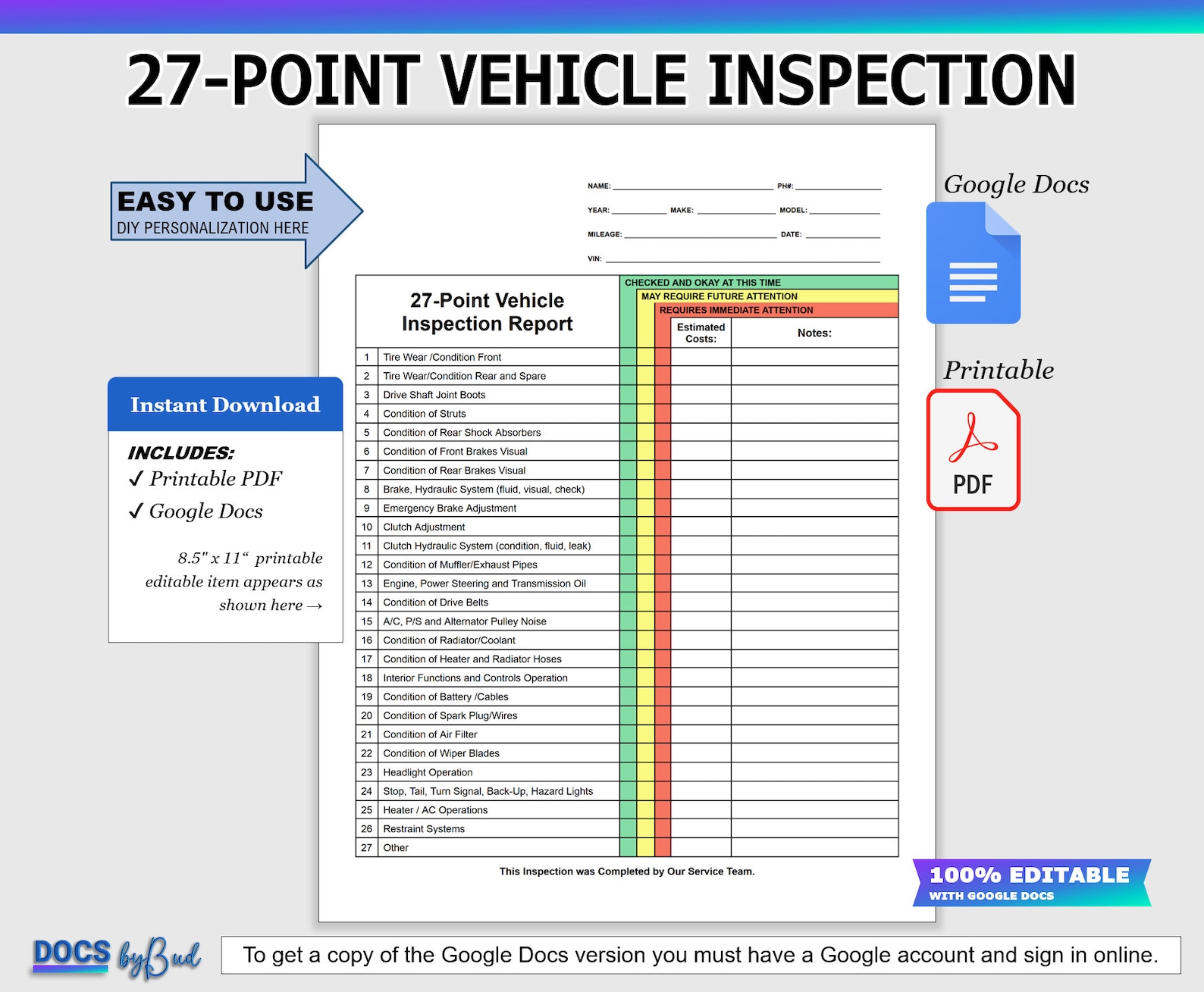 27 Point Vehicle Inspection Report, Auto Mechanics Multi-point Vehicle ...