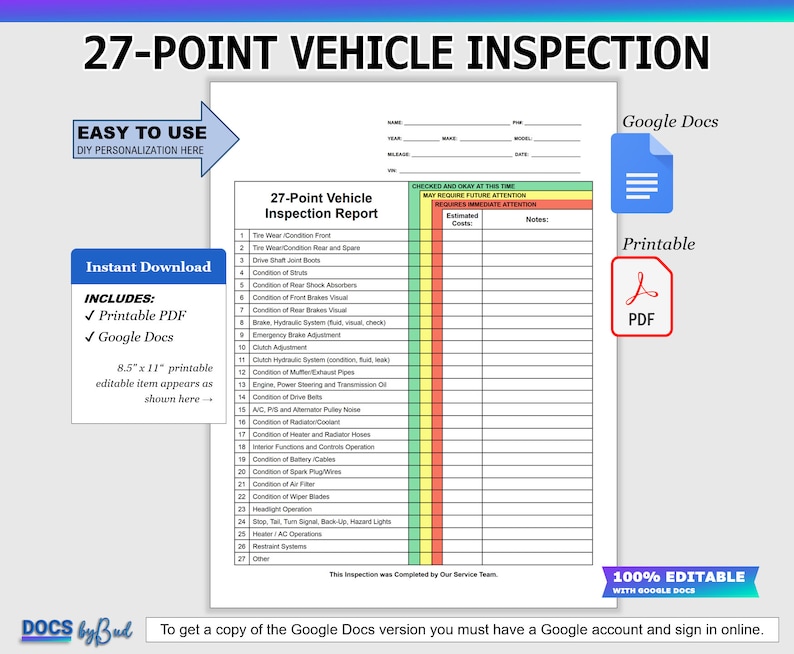 27 Point Vehicle Inspection Report, Auto Mechanics Multi-point Vehicle ...