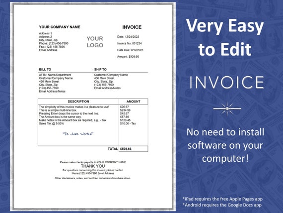 Simple Invoice Template for Word Blank Invoice Template for - Etsy