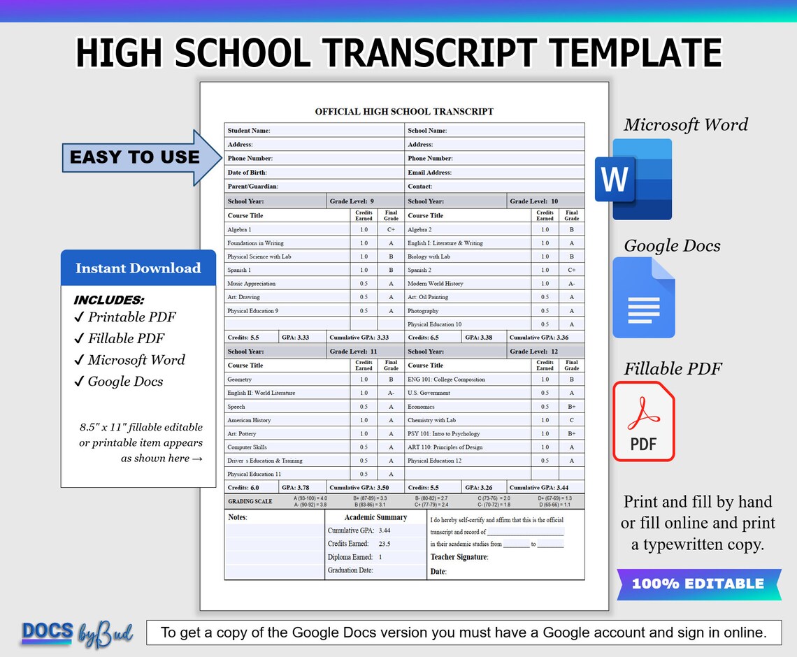High School Transcript Template Fillable PDF, Printable Homeschool ...