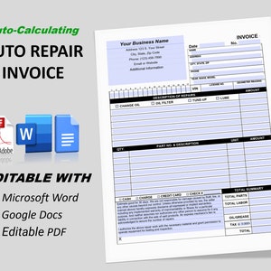 Auto Repair Invoice Automotive Service Invoice Template Auto - Etsy