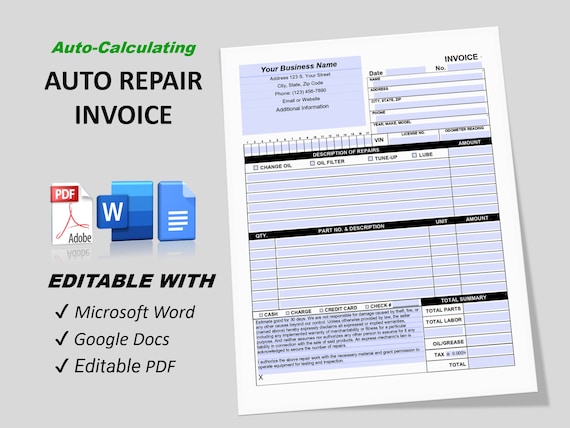 Auto Repair Invoice Automotive Service Invoice Template Auto - Etsy