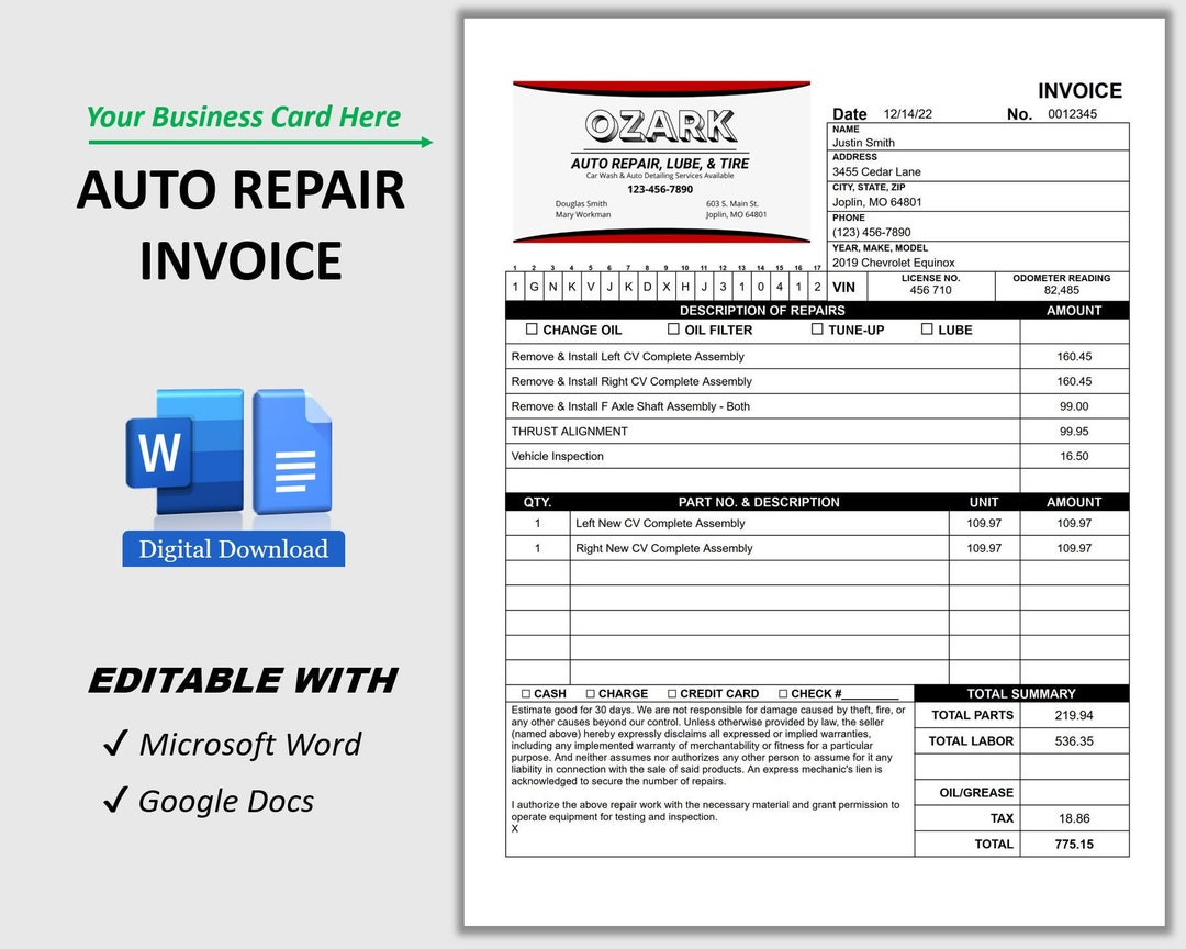 Auto Repair Invoice Automotive Service Invoice Template Auto - Etsy