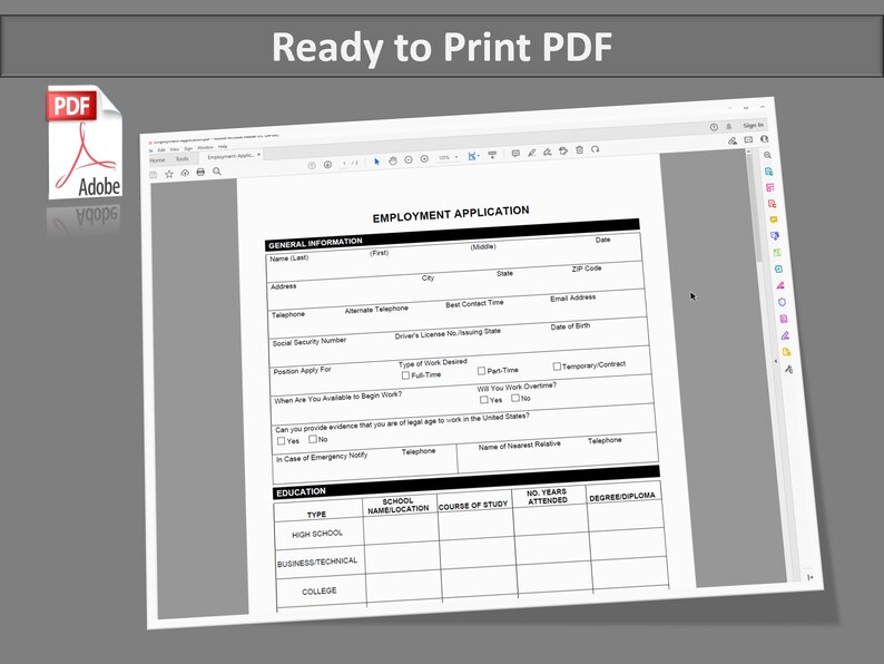Employment Application Template Microsoft Word Application - Etsy