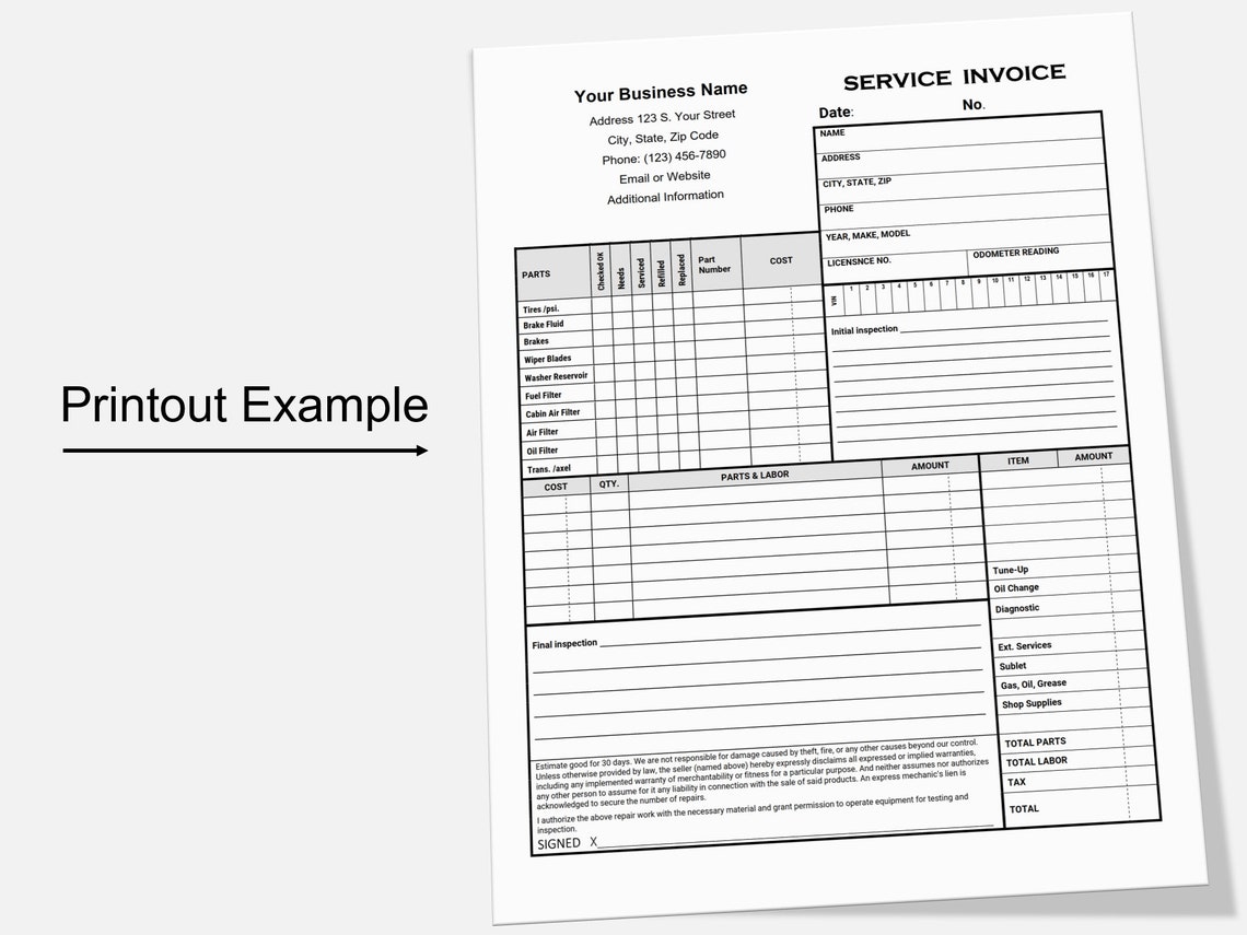 Oil Change Invoice Automotive Service Invoice Template Auto - Etsy