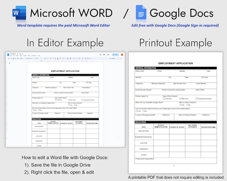 Employment Application Template, Microsoft Word, Application for ...