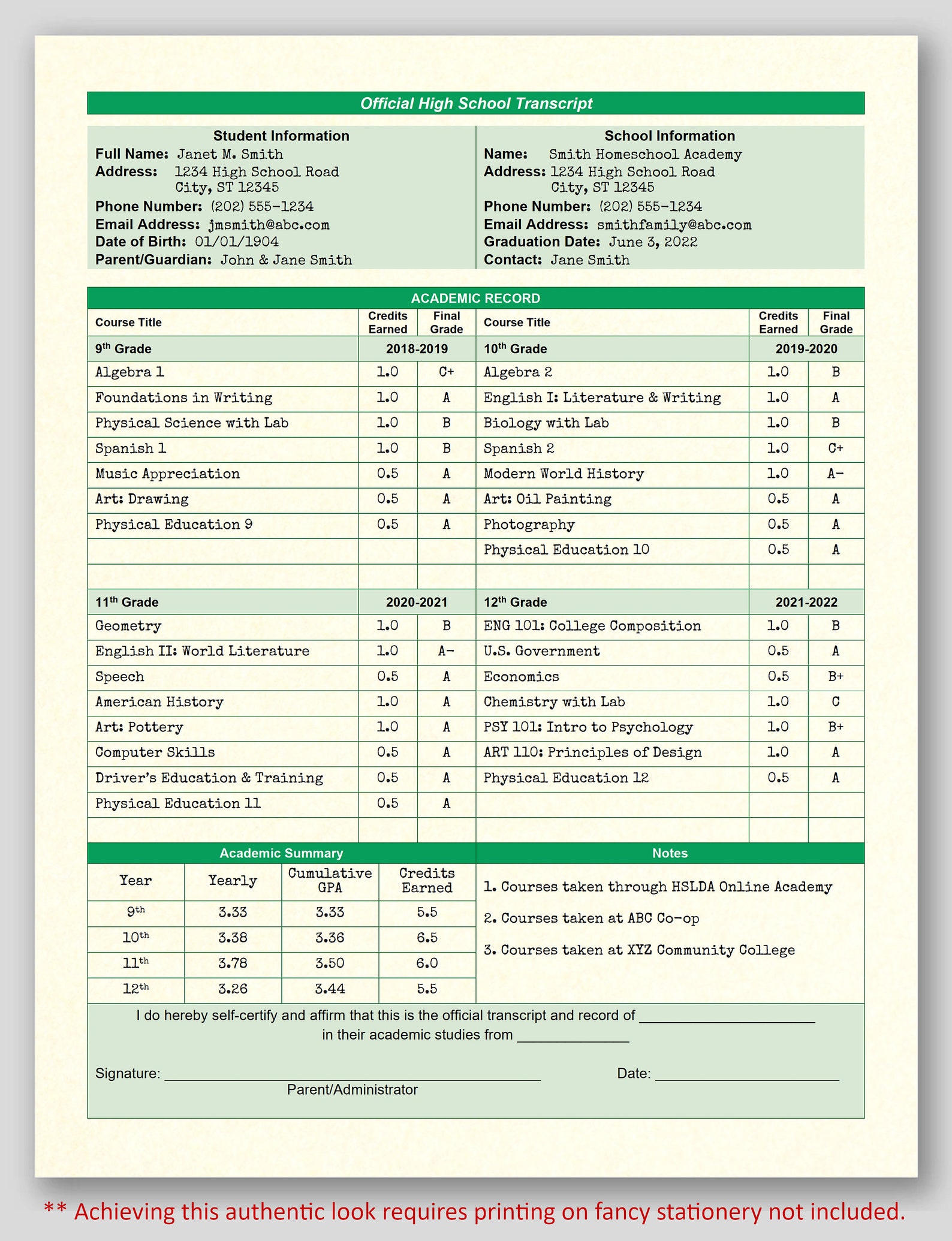 Authentic Look! Fillable Printable High School Transcript Template ...