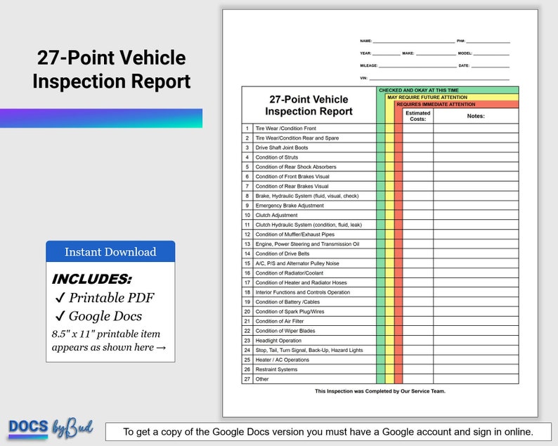 27 Point Vehicle Inspection Report Auto Mechanics Multi-point - Etsy