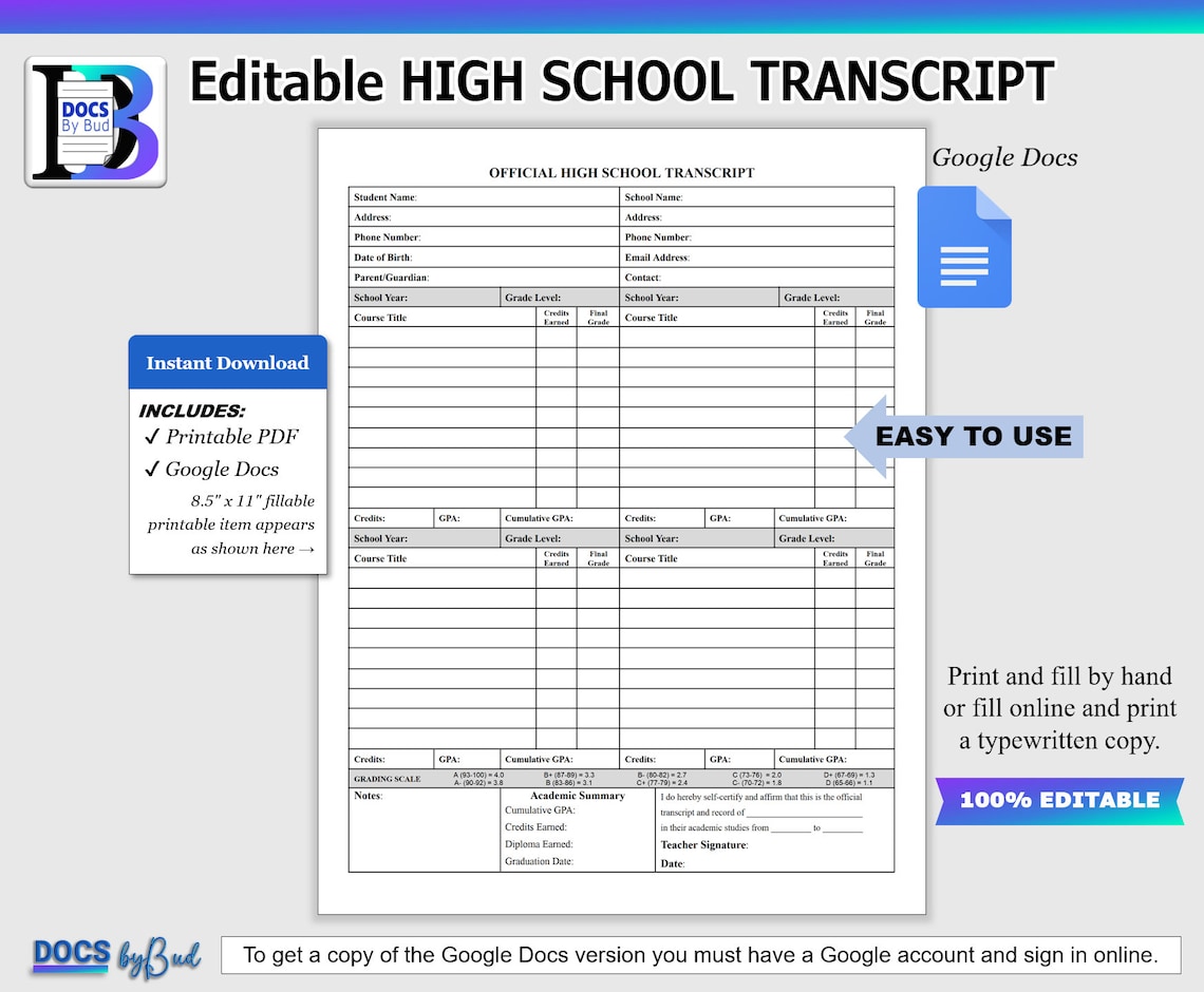 GOOGLE DOCS Fillable Printable High School Transcript, Editable ...