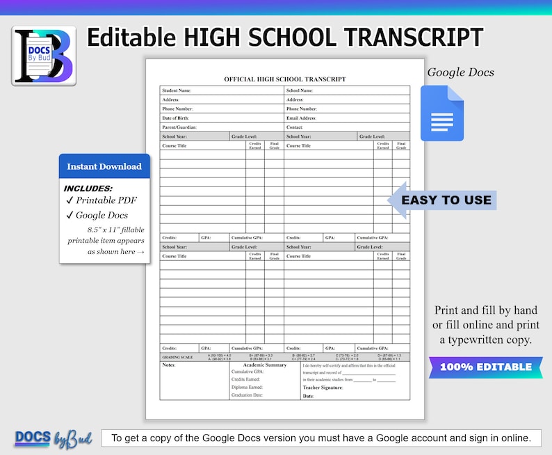GOOGLE DOCS Fillable Printable High School Transcript, Editable ...