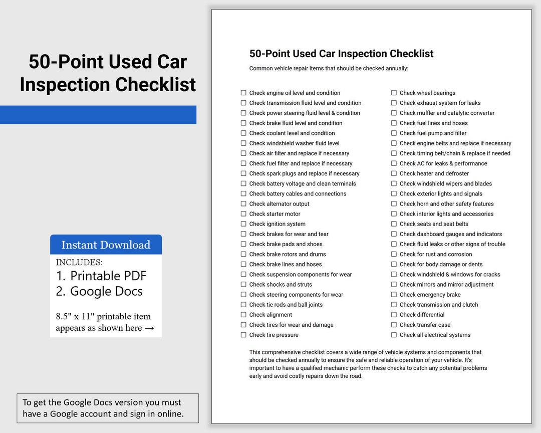 Used Car Inspection Checklist Printable Editable Google Docs - Etsy