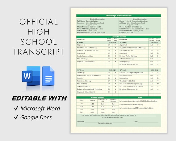 Authentic Look Fillable Printable High School Transcript - Etsy