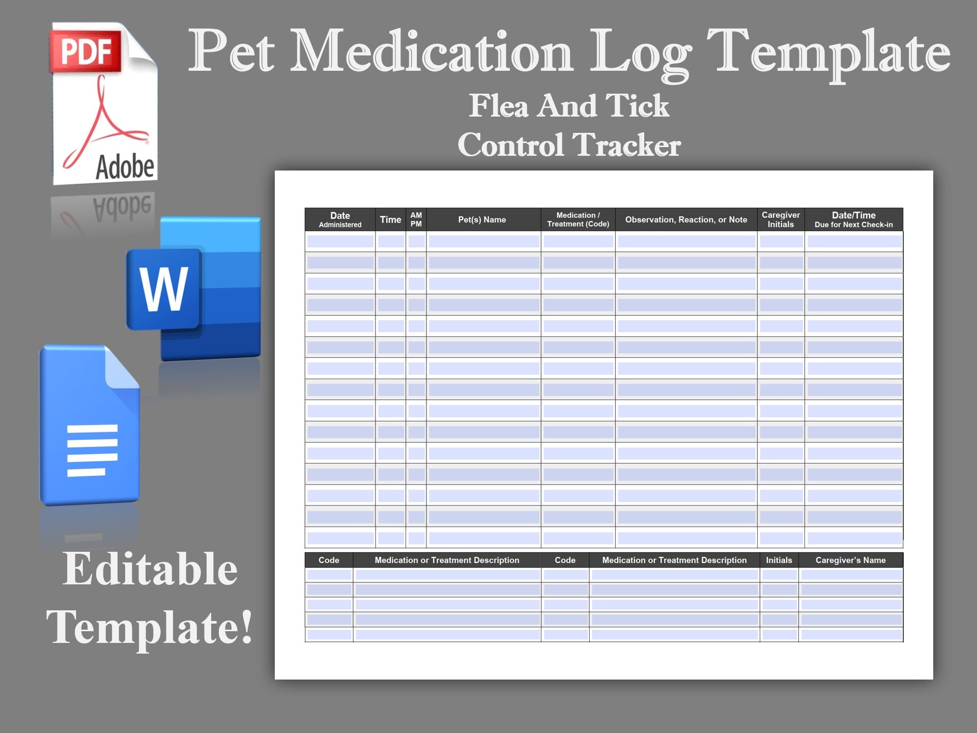 Pet Medication Log Template, PDF, Word, and Google Docs, Editable ...