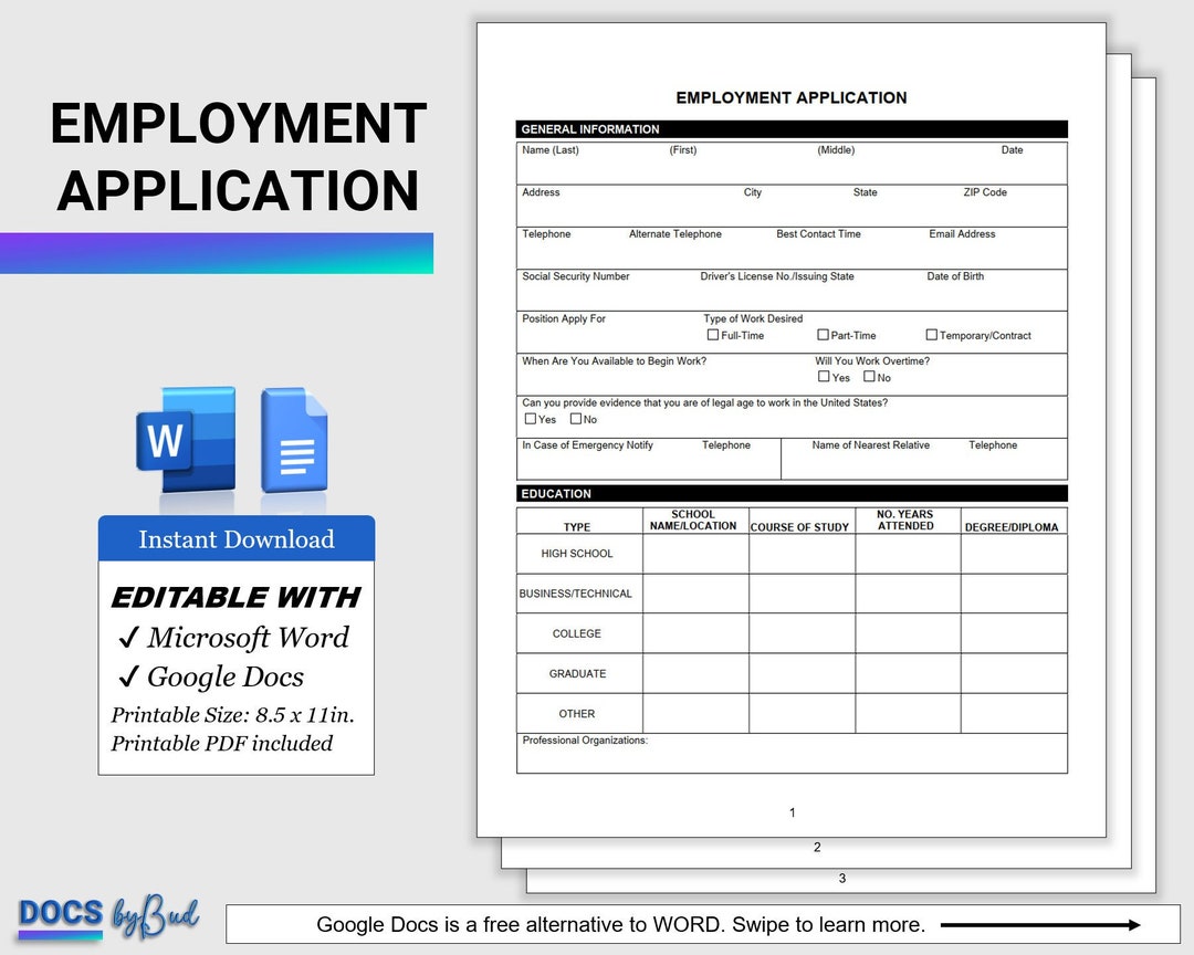 Employment Application Template, Microsoft Word, Application for ...