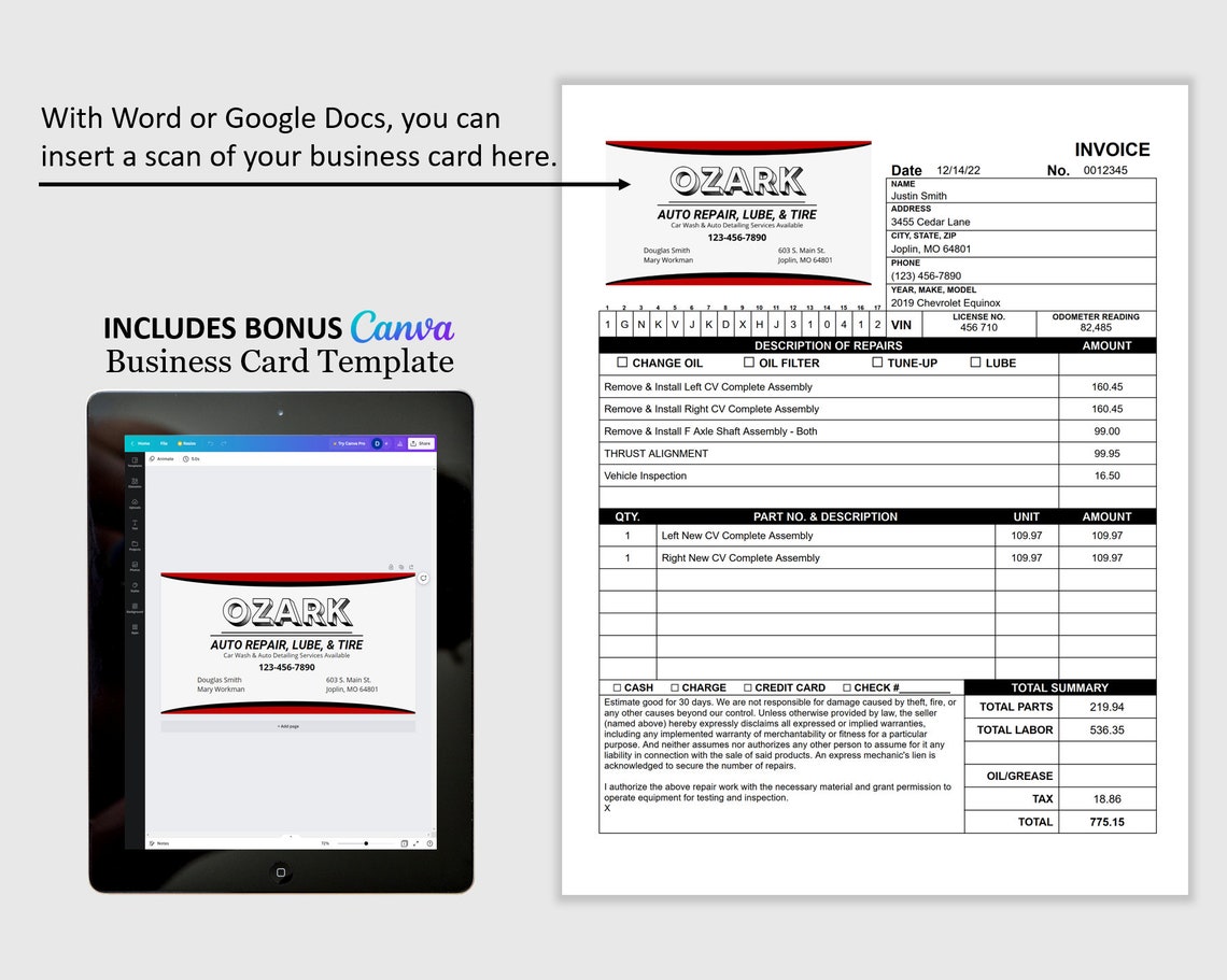 Auto Repair Invoice, Automotive Service Invoice Template, Auto Repair ...