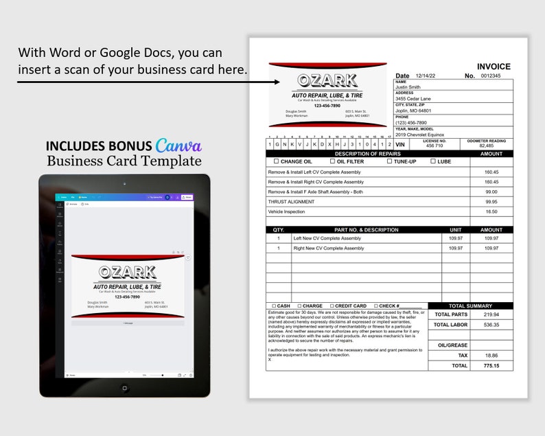 Auto Repair Invoice, Automotive Service Invoice Template, Auto Repair ...