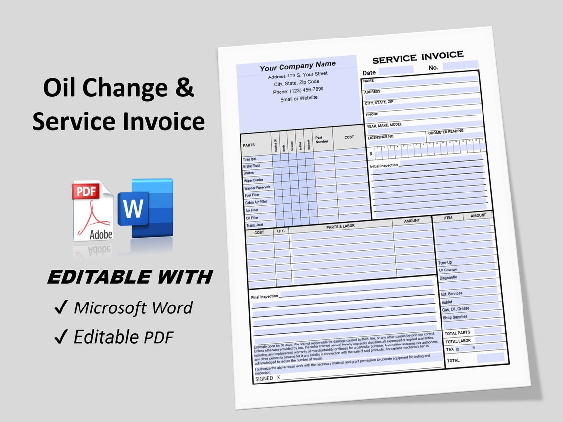Oil Change Invoice Automotive Service Invoice Template Auto - Etsy