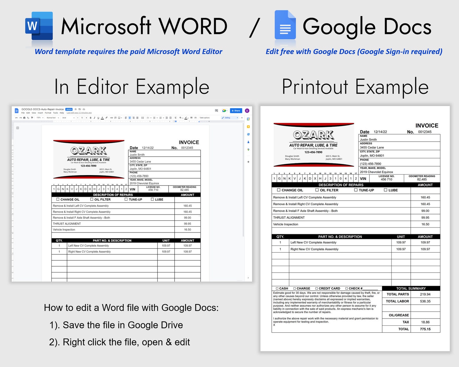 Auto Repair Invoice, Automotive Service Invoice Template, Auto Repair ...
