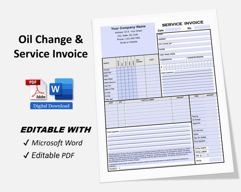 Oil Change Invoice Automotive Service Invoice Template Auto - Etsy
