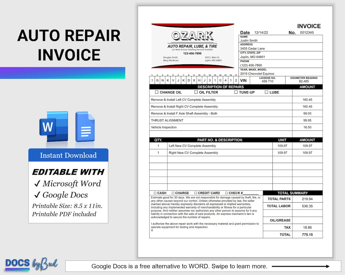 Auto Repair Invoice, Automotive Service Invoice Template, Auto Repair ...