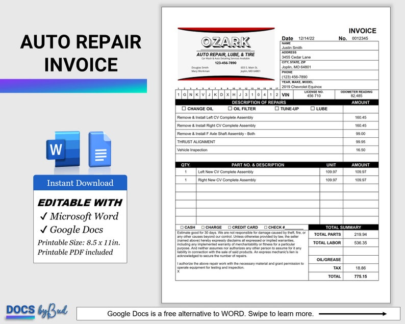 Auto Repair Invoice, Automotive Service Invoice Template, Auto Repair ...