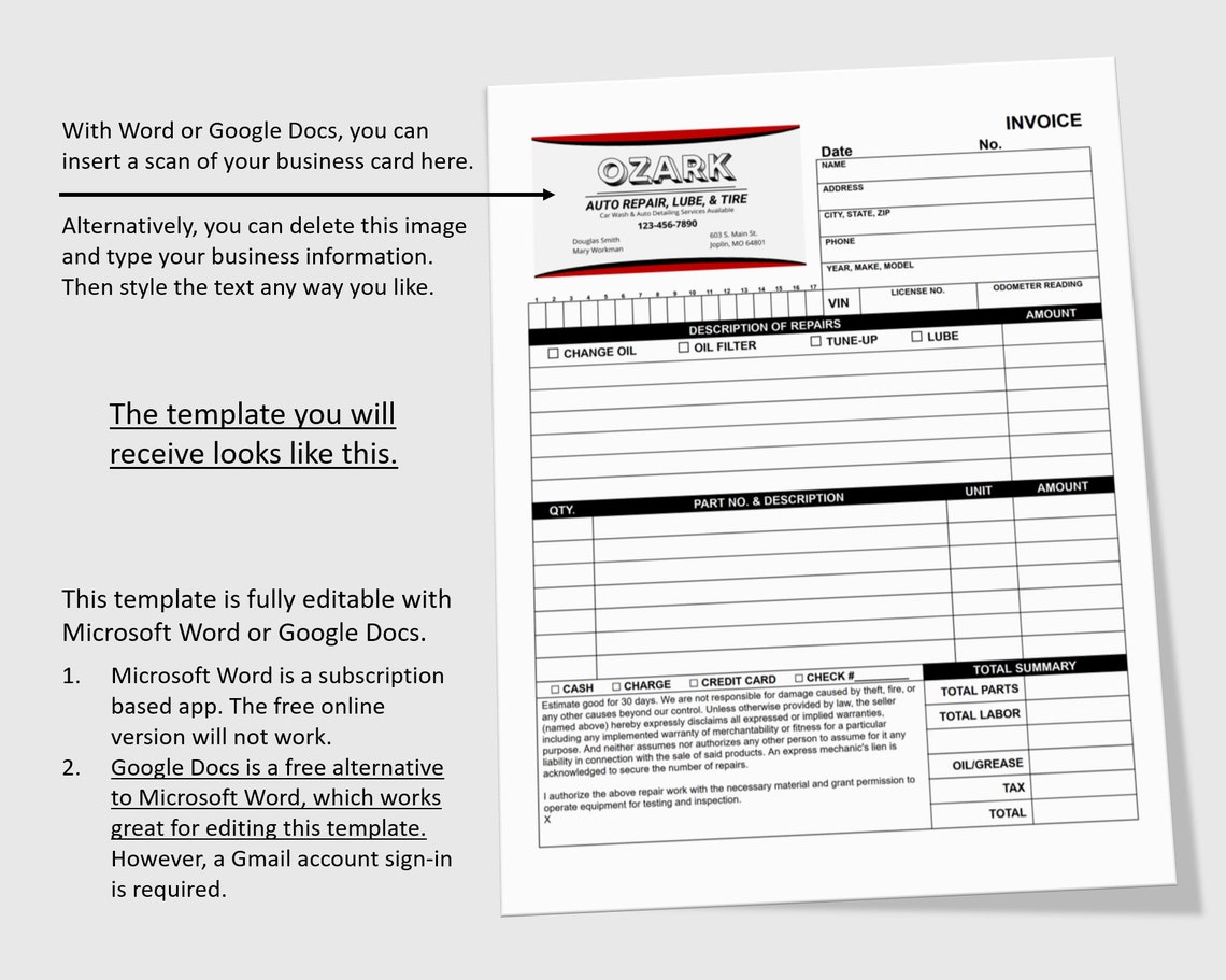Auto Repair Invoice, Automotive Service Invoice Template, Auto Repair ...