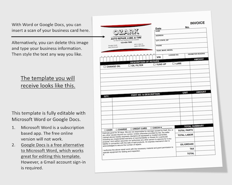 Auto Repair Invoice, Automotive Service Invoice Template, Auto Repair ...