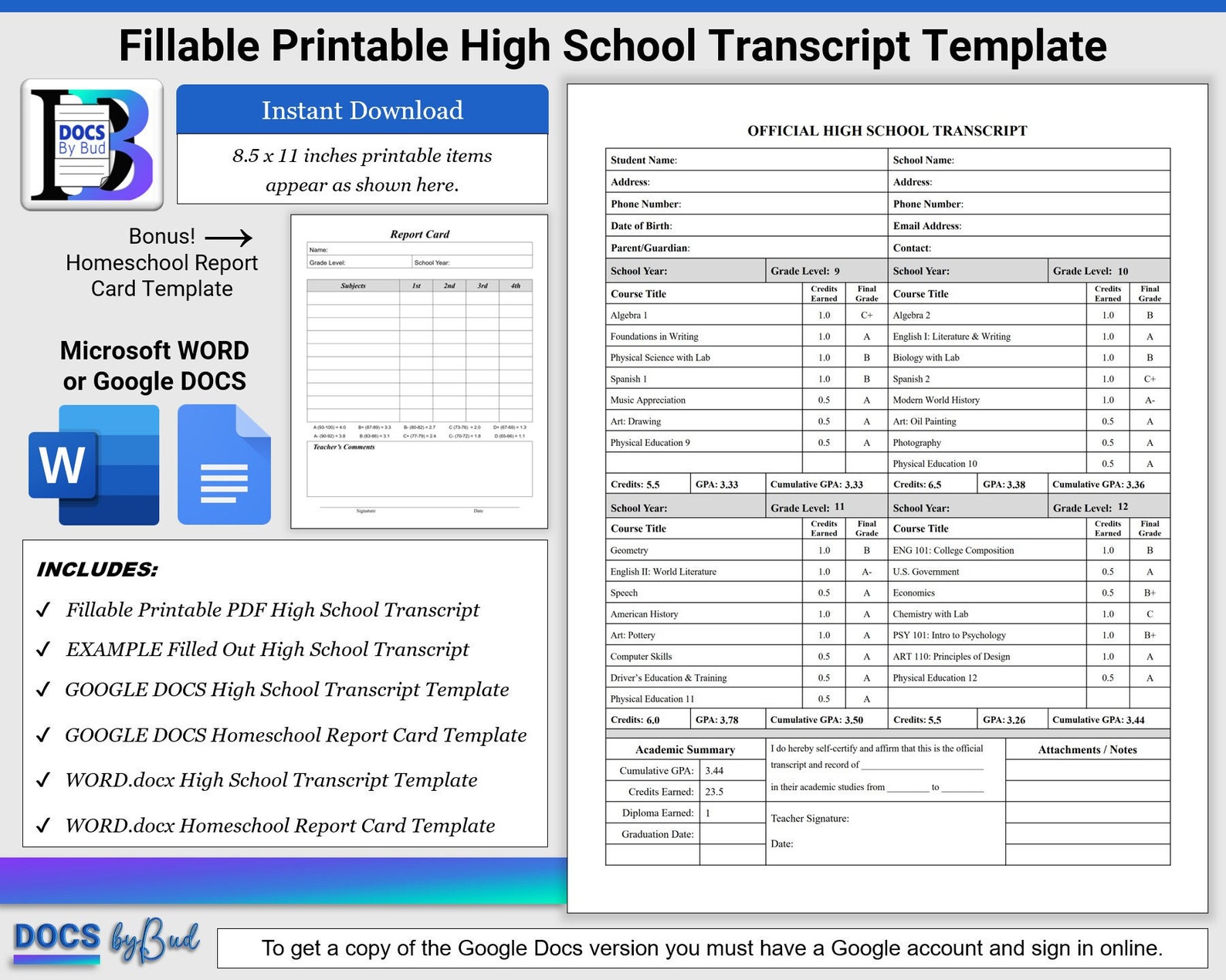 Fillable Printable High School Transcript Template With Google Docs ...