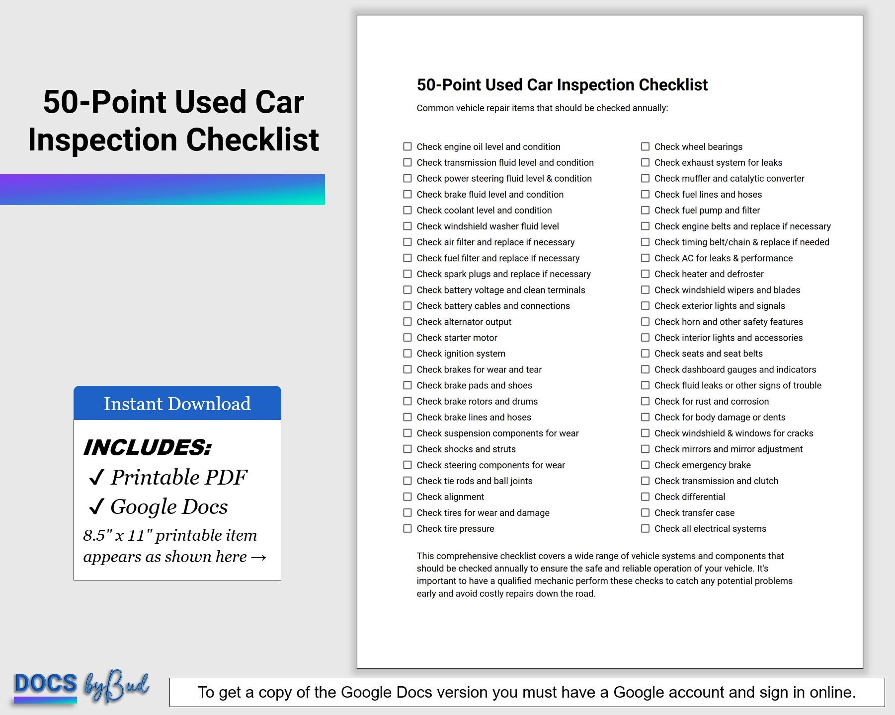 Used Car Inspection Checklist Printable Editable Google Docs Vehicle