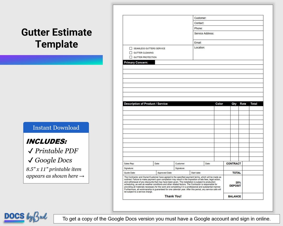 Gutter Estimate Template, Seamless Gutter Estimate, Handyman Invoice ... Gutter Estimate Template, Seamless Gutter Estimate, Handyman Invoice ...