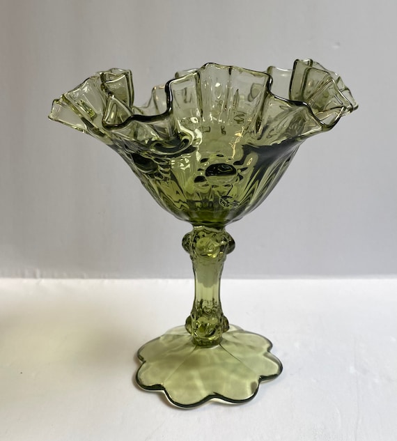 Vintage FENTON Glass Compote Rose Colonial Green Pattern | Etsy