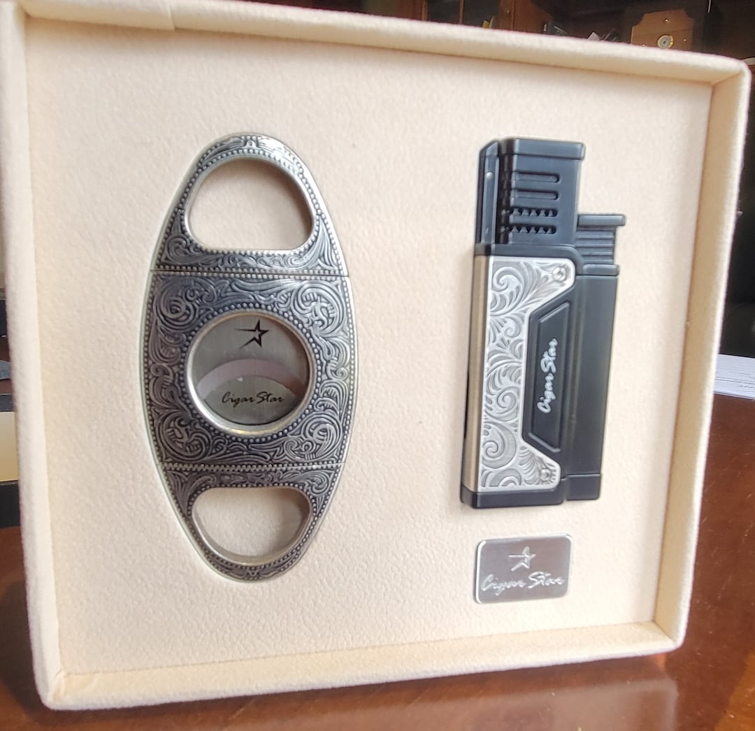 Ornate Cigar Cutter Lighter With Punch Gift Set Cigar Star Razor Sharp ...