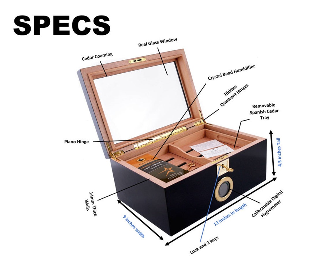 Black Showcase 120 Cigar Humidor by Cigar Star Digital Hygrometer ...