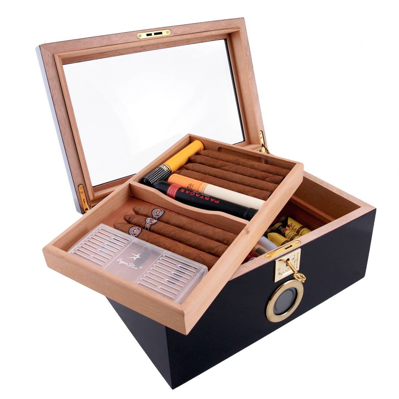 Black Showcase 120 Cigar Humidor by Cigar Star Digital Hygrometer ...