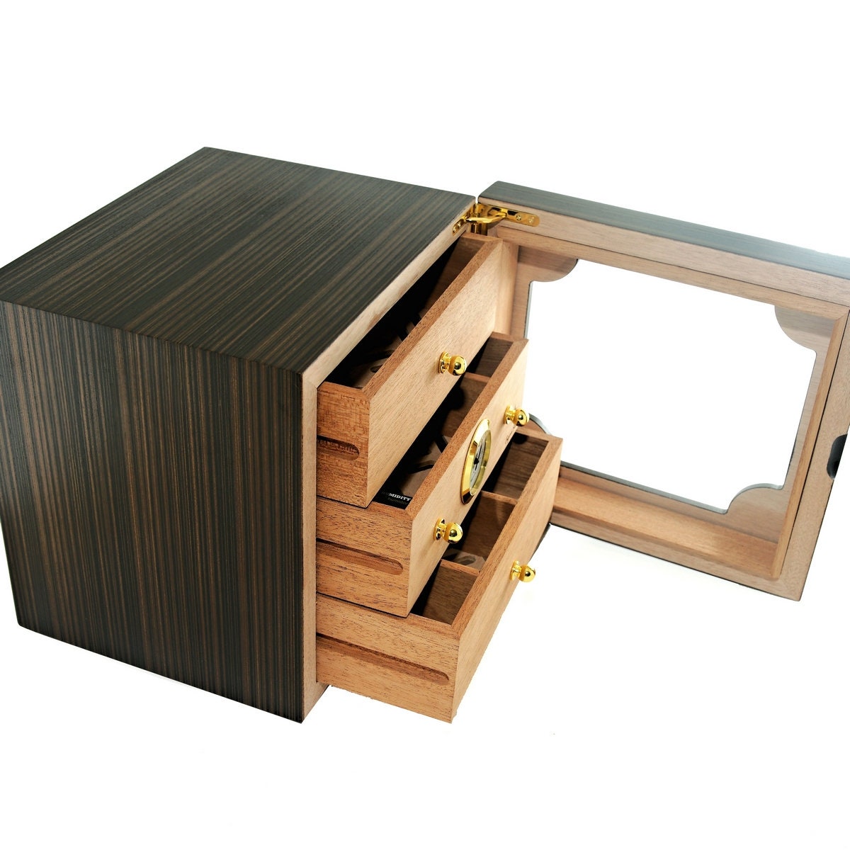 Unique Cigar Humidor Executive Edge Ebony 3.0 Three Drawers 2 Crystal ...